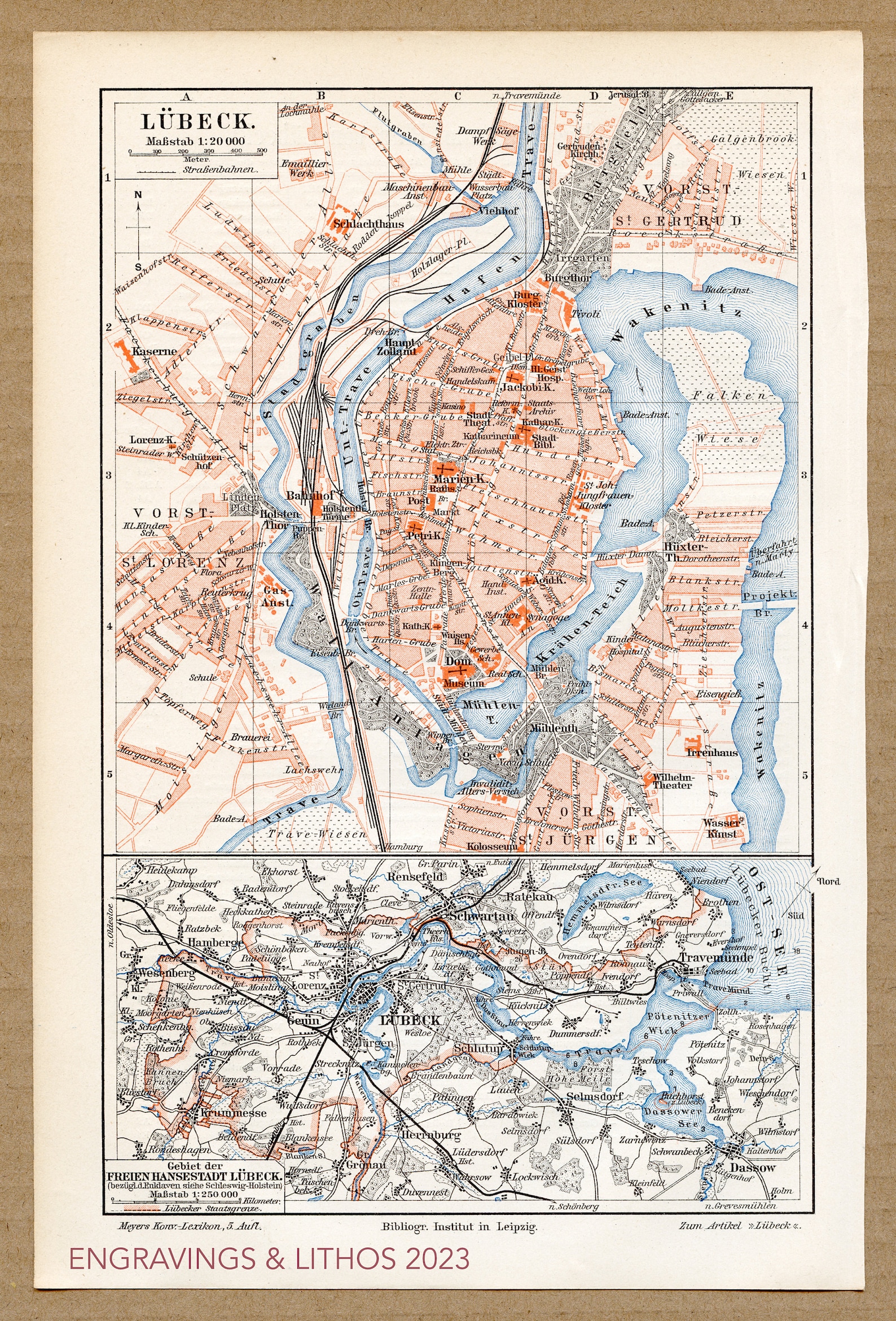 Map of Lübeck Germany Original Color Lithography From - Etsy