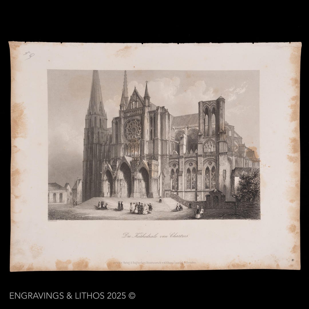 1855 Our LADY of CHARTRES CATHEDRAL, France - Black and White Steel Engraving by Albert Henry ...