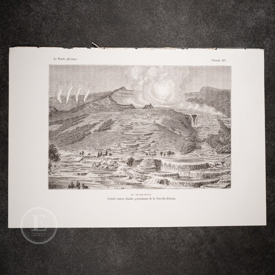 Te Tarata, Source of Hot Geyser of New Zeland - Original Lithography ...