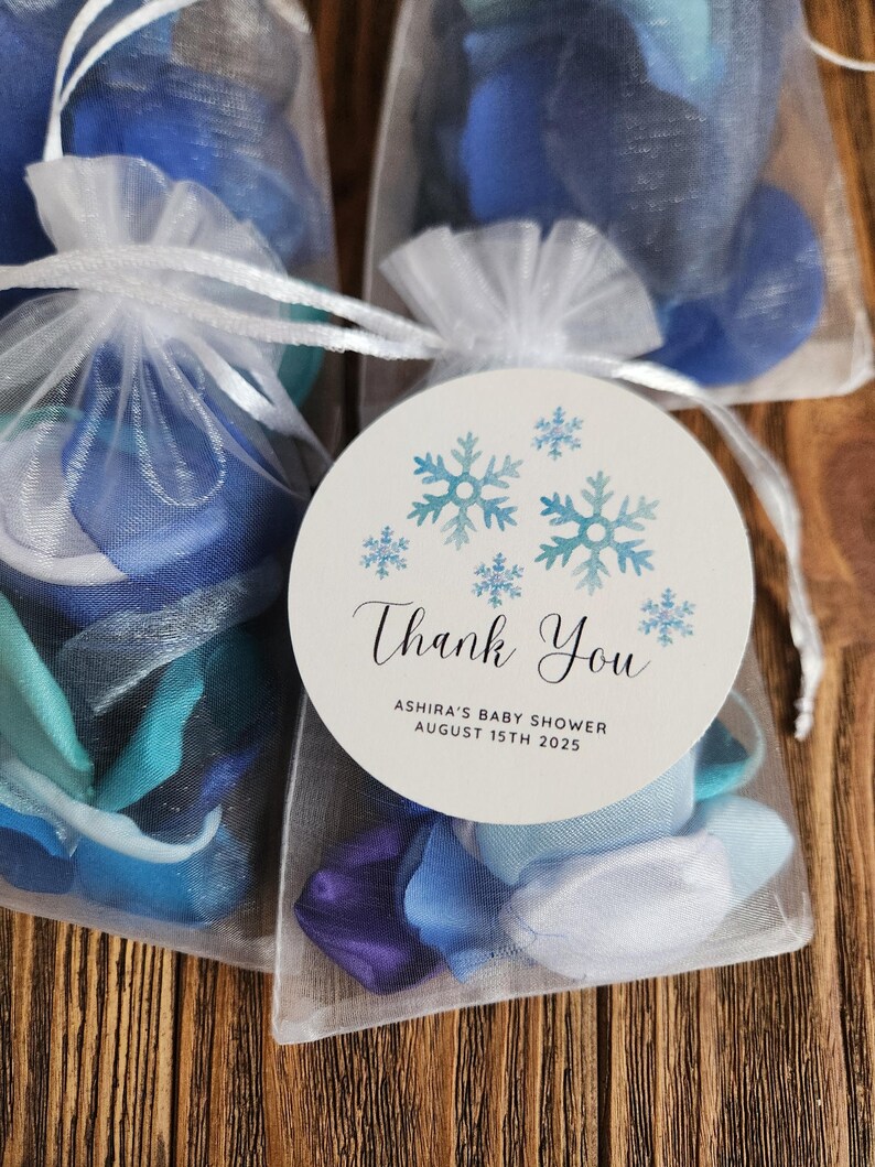 Snowflake Winter Sachet Favor, Blue Rose Petals, Custom Tag, Baby It's ...