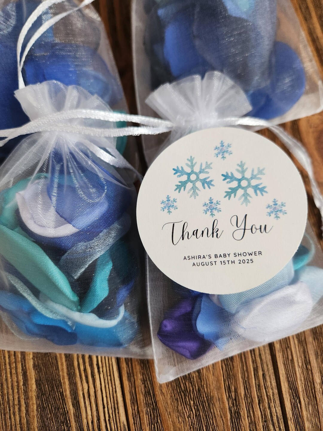 Snowflake Winter Sachet Favor, Blue Rose Petals, Custom Tag, Baby It's ...