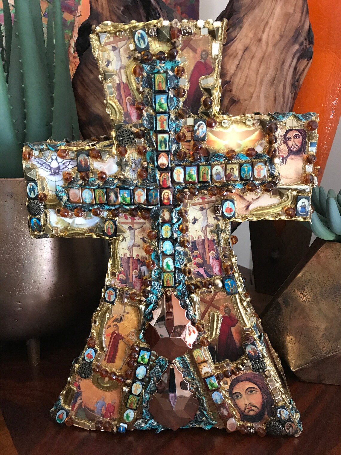 Catholic Mosaic Art Standing Cross Saints Gold Amber Aqua Beads - Etsy