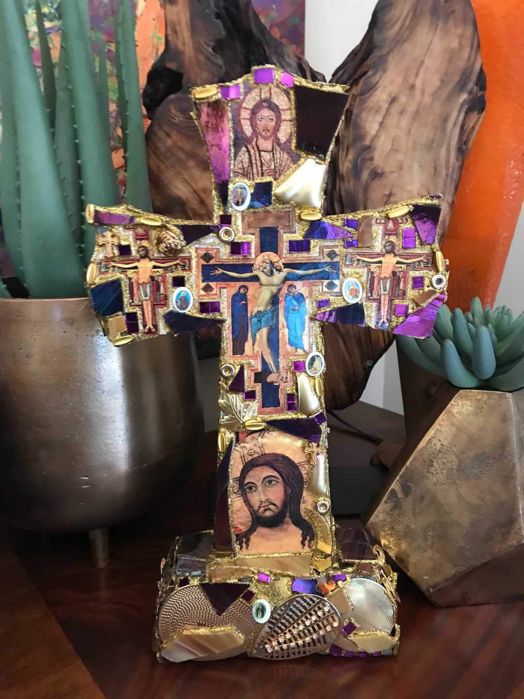 Catholic Mosaic Art Standing Cross Icons Purple Gold - Etsy