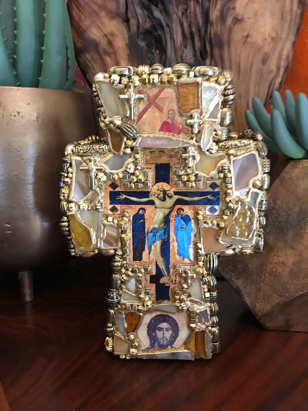 Catholic Mosaic Art Standing Cross Icons Gold - Etsy