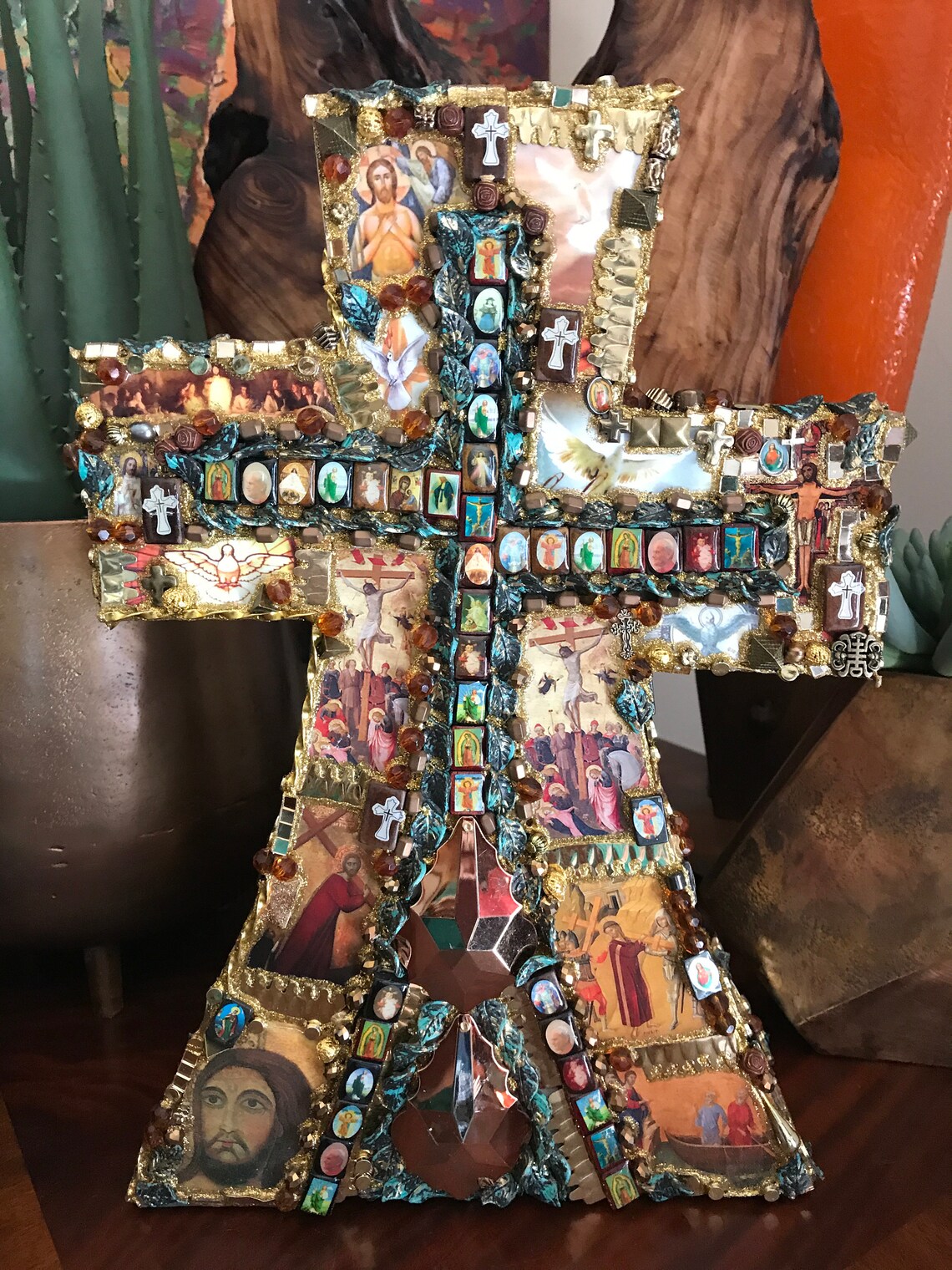 Catholic Mosaic Art Standing Cross Saints Gold Amber Aqua Beads - Etsy