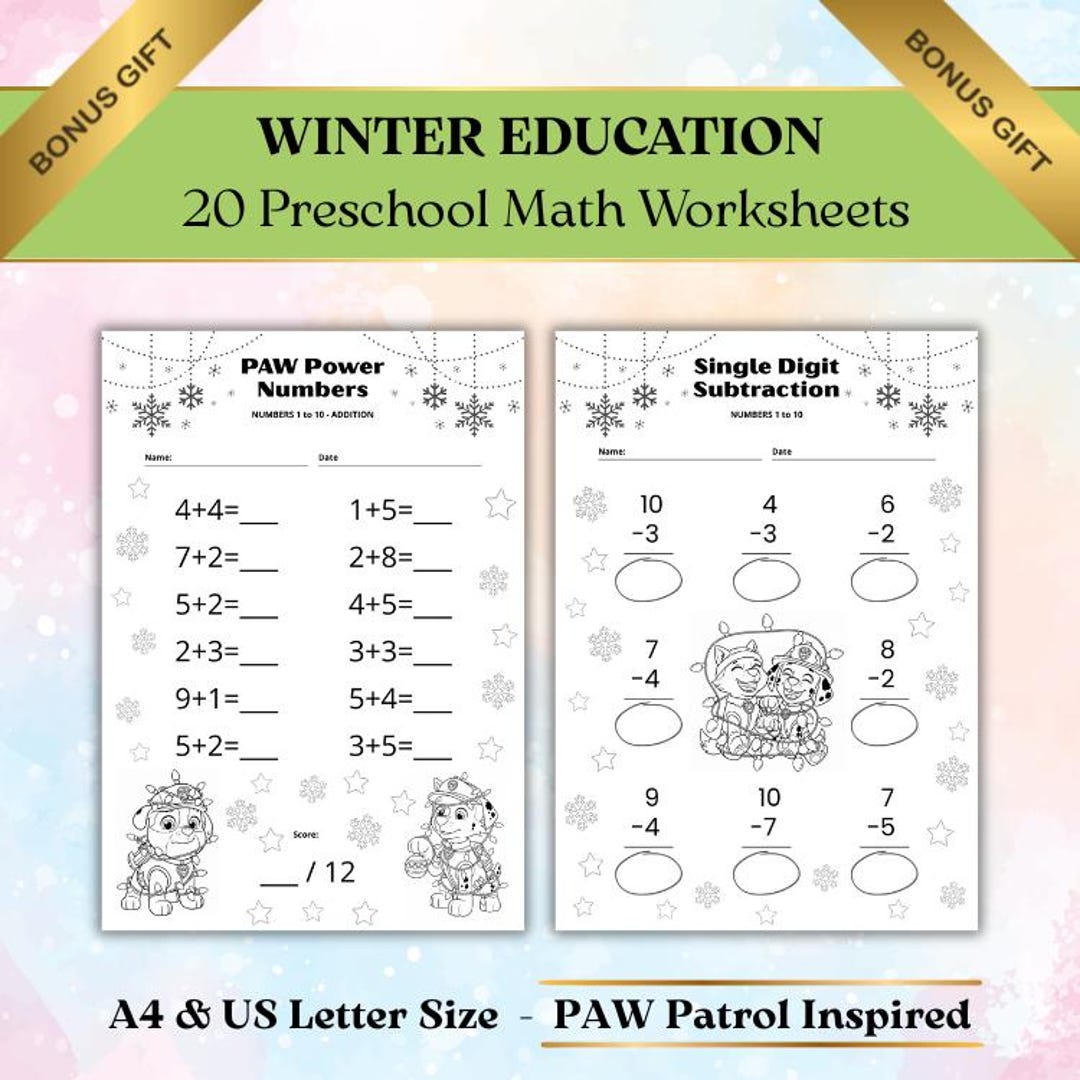 20 Christmas Paw Patrol Inspired Preschool Math Worksheets, Addition ...
