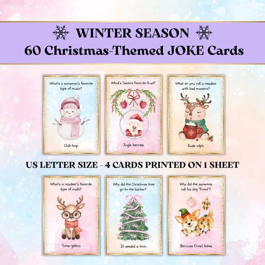 60 Funny Christmas Joke Cards, Watercolor Holiday Printables, Family ...