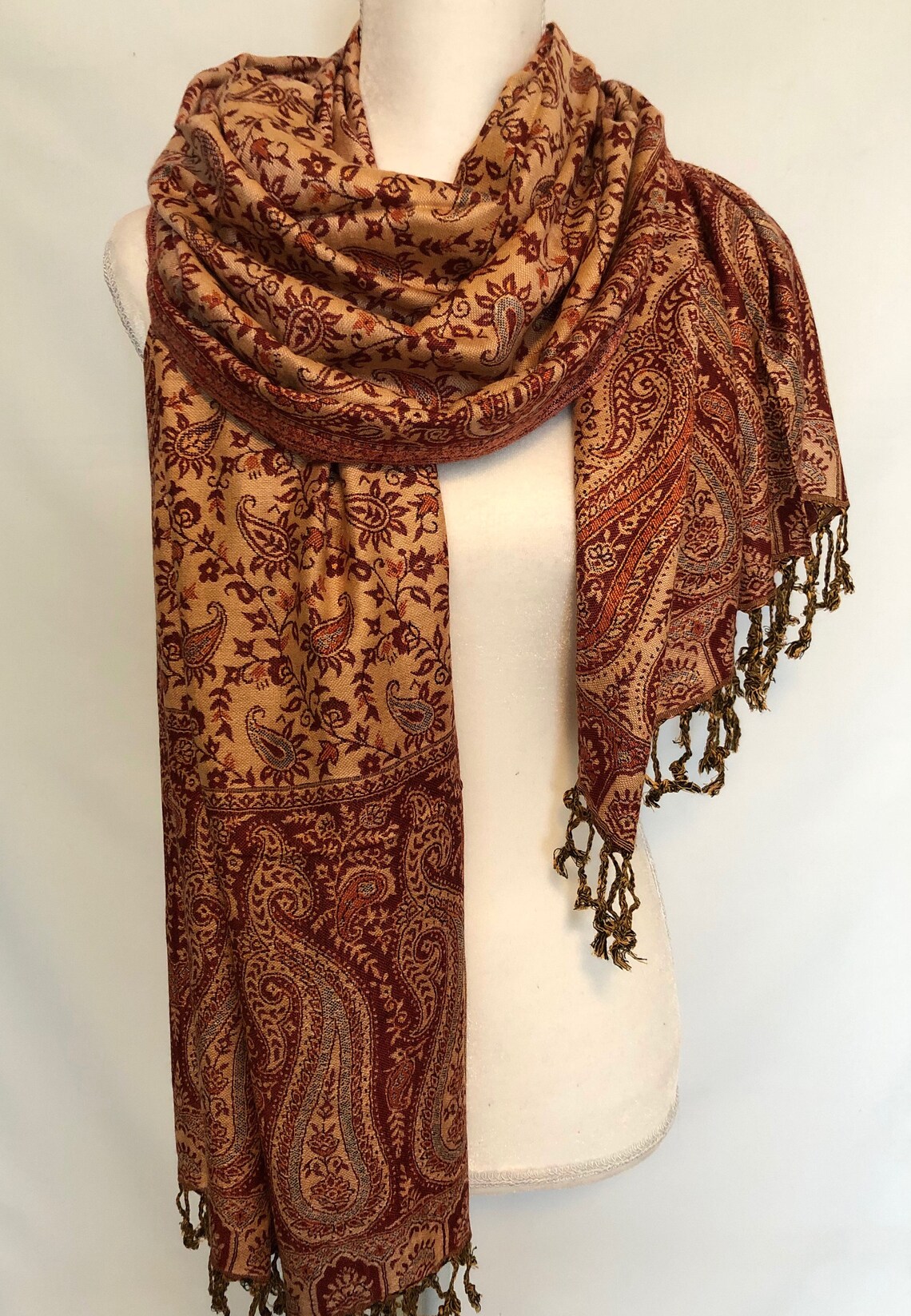 Pashmina Shawl in Red Beige and Gold. Authentic Indian scarf | Etsy