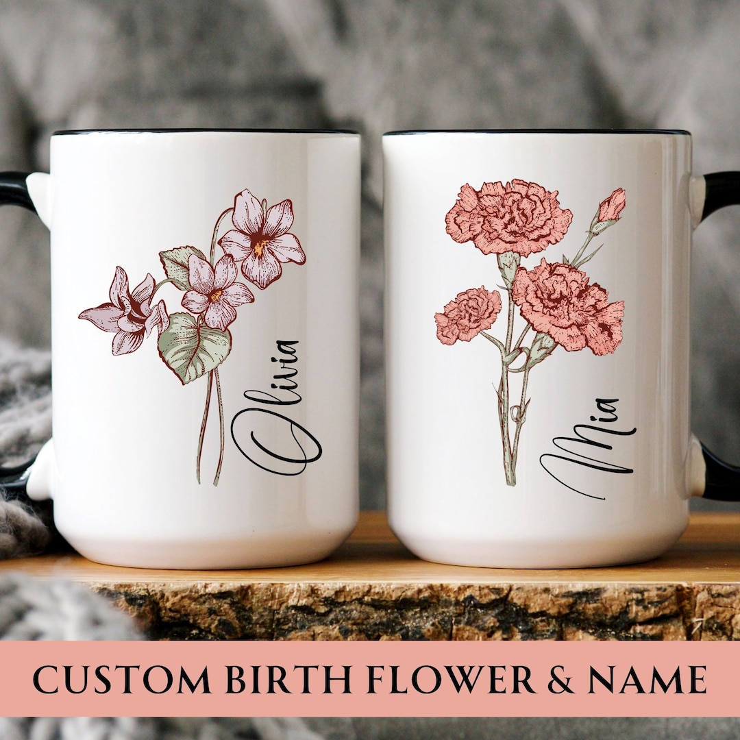 Personalized Birth Flower Name Mug, Custom Colored Birth Flower Gift ...