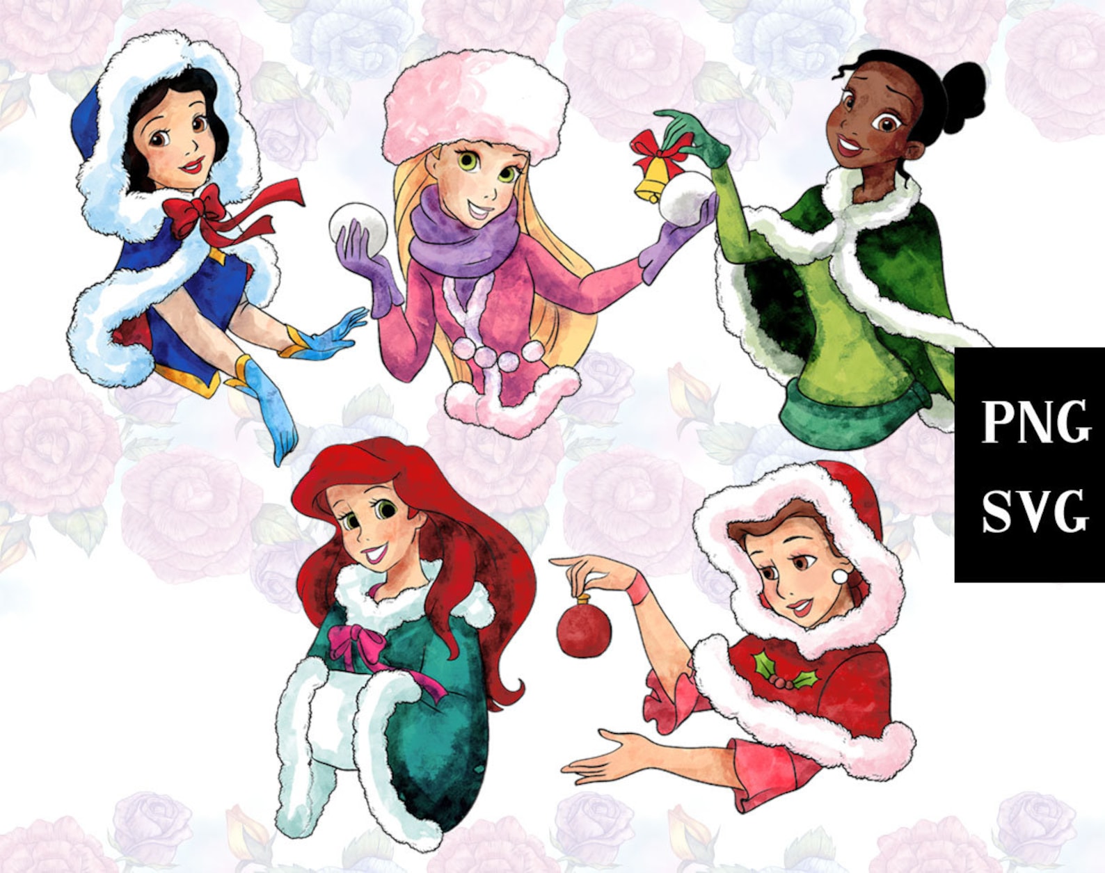 Princess Christmas SVG, PNG, 10 Cliparts Princesses - Etsy