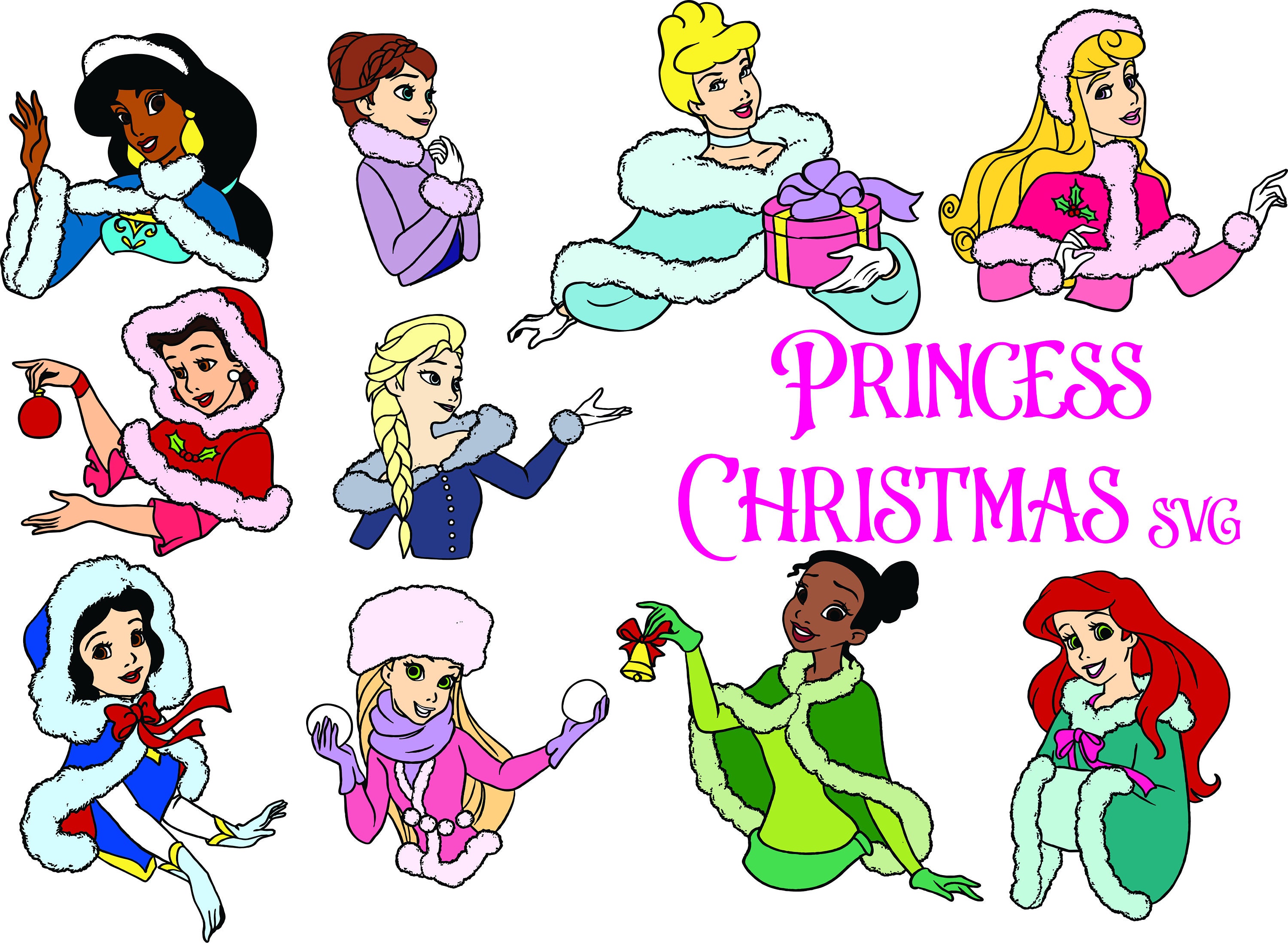 Princess Christmas SVG, PNG, 10 Cliparts Princesses - Etsy