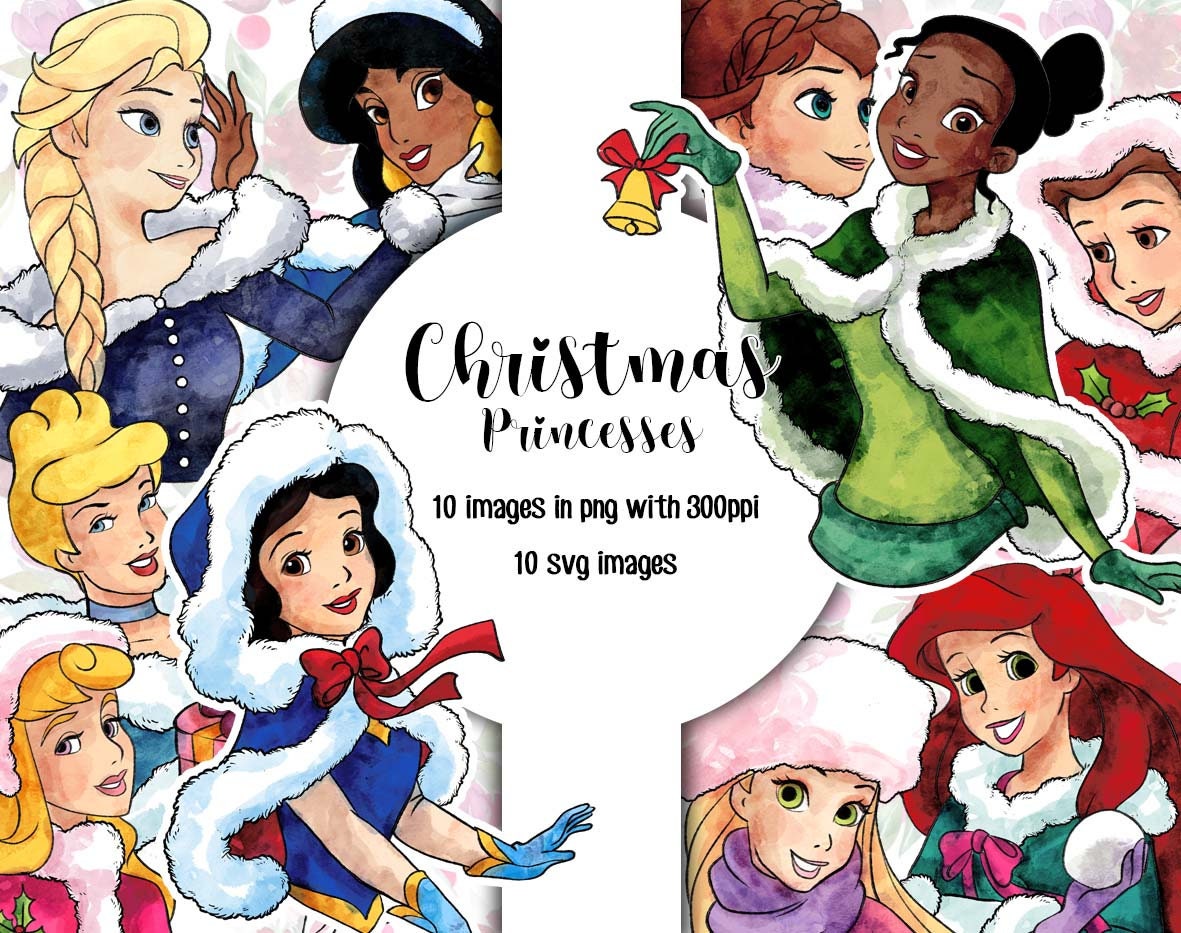 Princess Christmas SVG, PNG, 10 Cliparts Princesses - Etsy