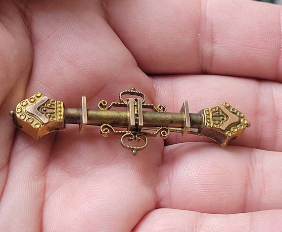 Antique Gold Filled Etruscan Revival Ornate Pin Brooch - Gem