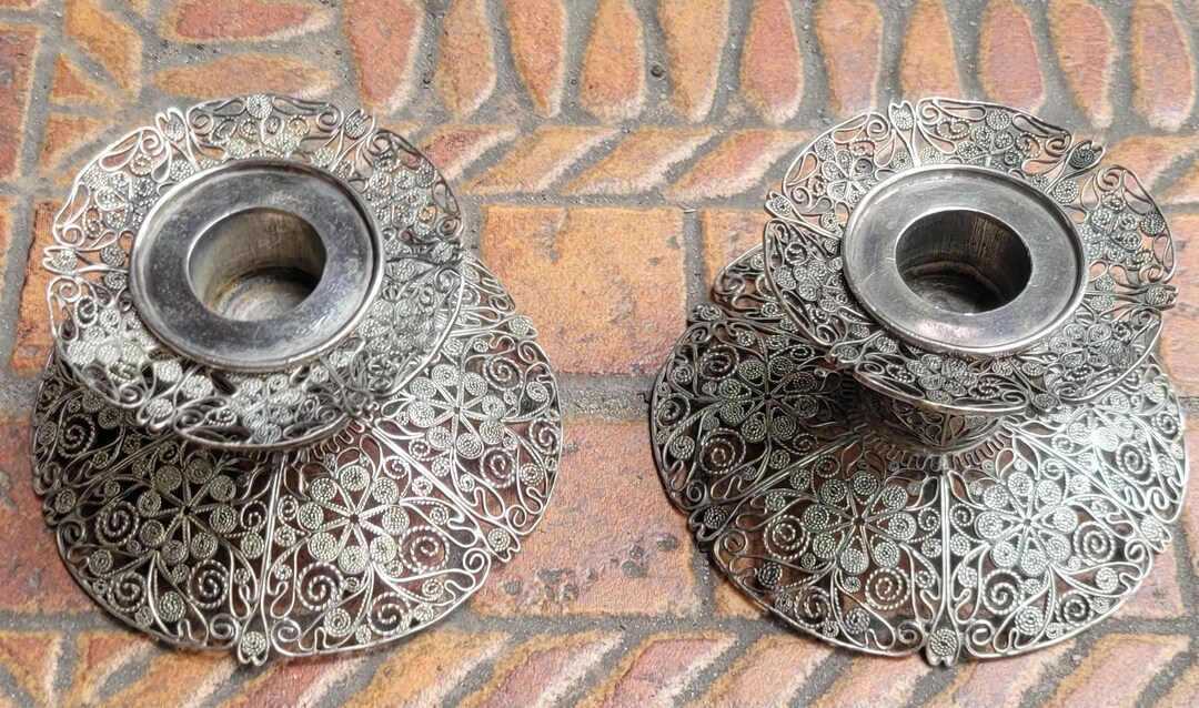 Pair of Antique Chinese Sterling Silver Filigree Candlesticks Signed ...
