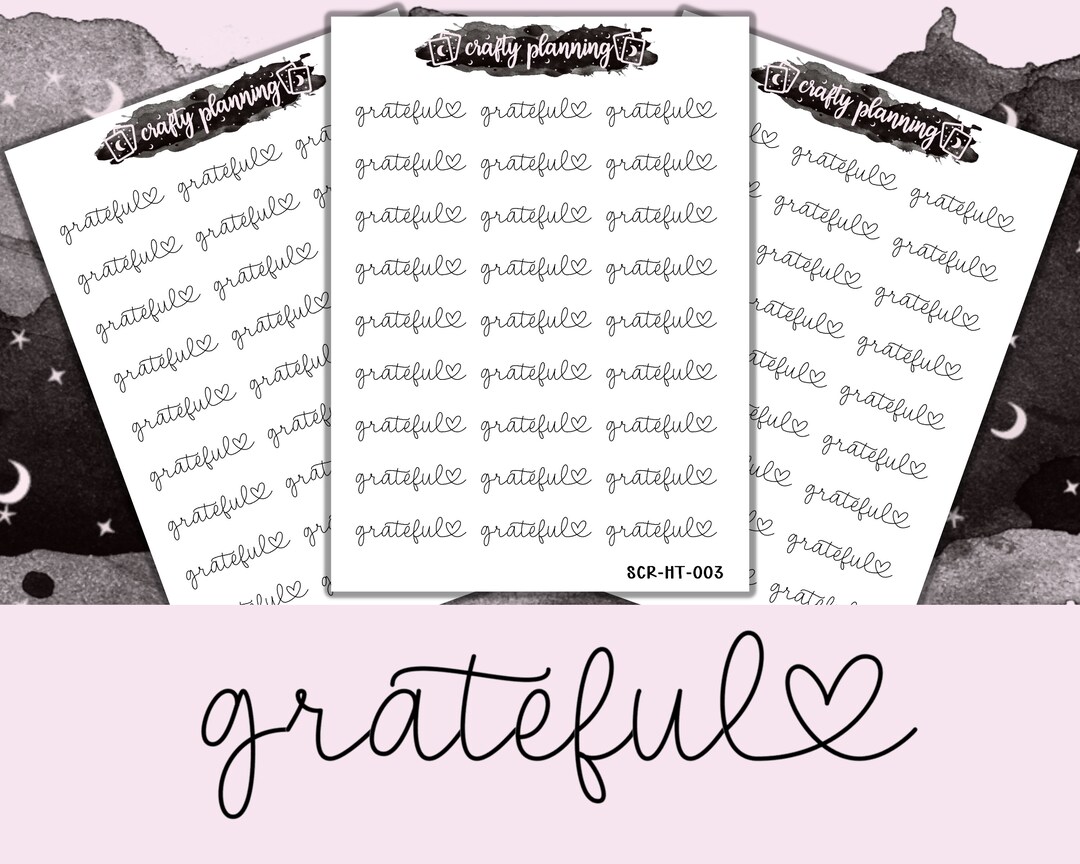 Gratitude Stickers, Grateful Script, Planner Script Stickers, Heart ...