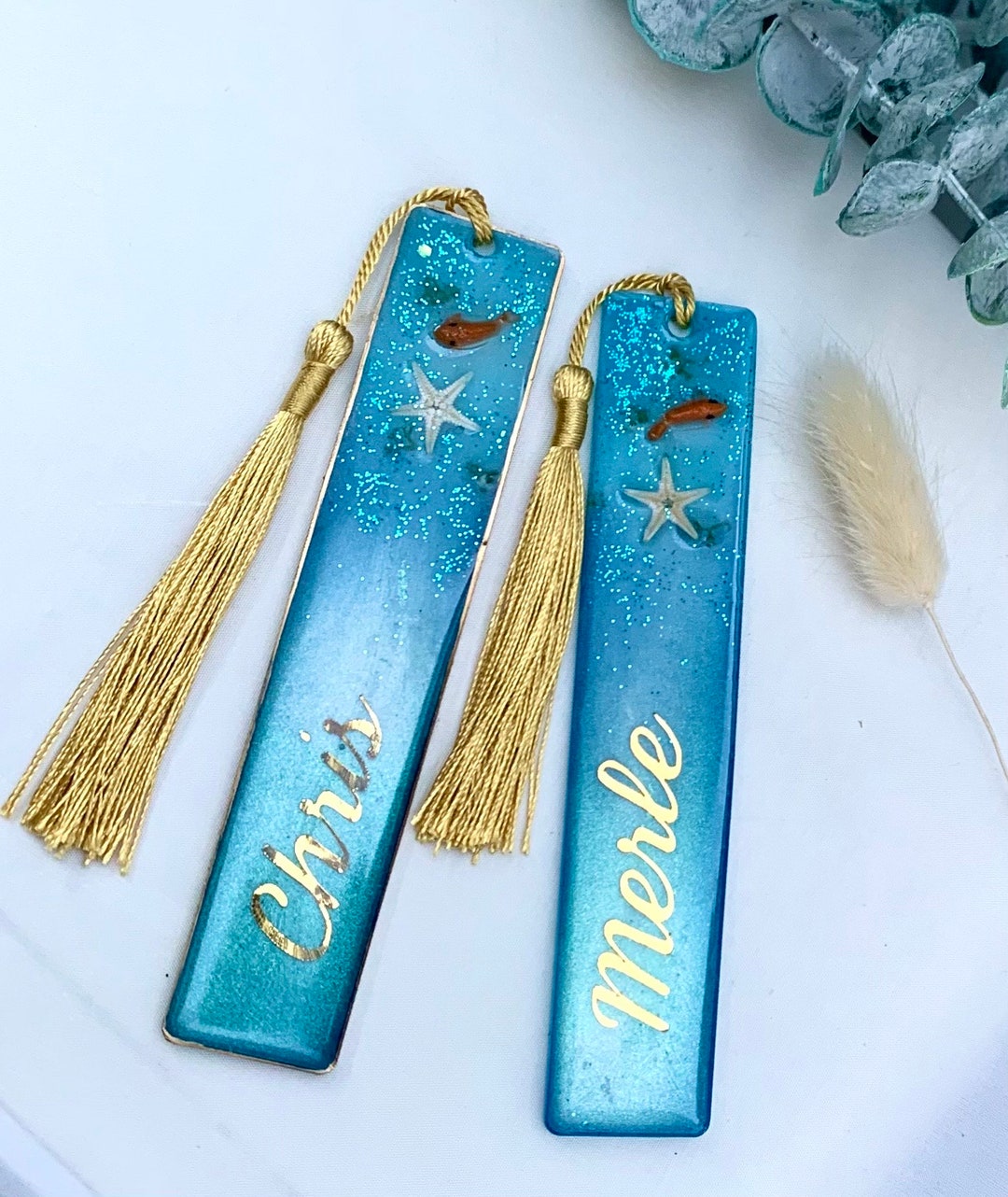Blue Resin Bookmark, Personalized, With Small Fish and Starfish as Well ...