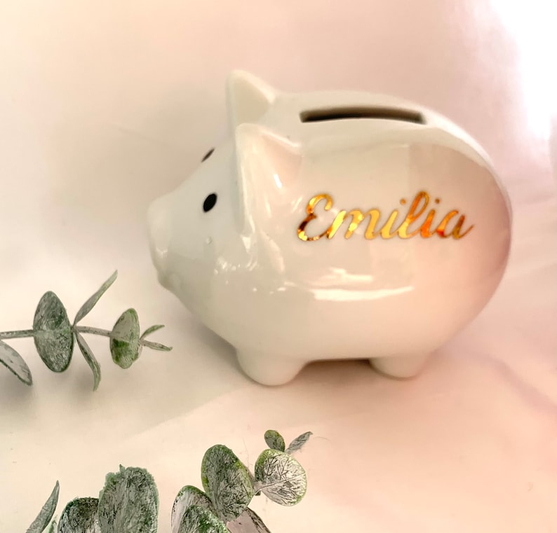 Süßes Sparschwein mit glänzendem, goldenem Wunschnamen, Sparschweinchen ...