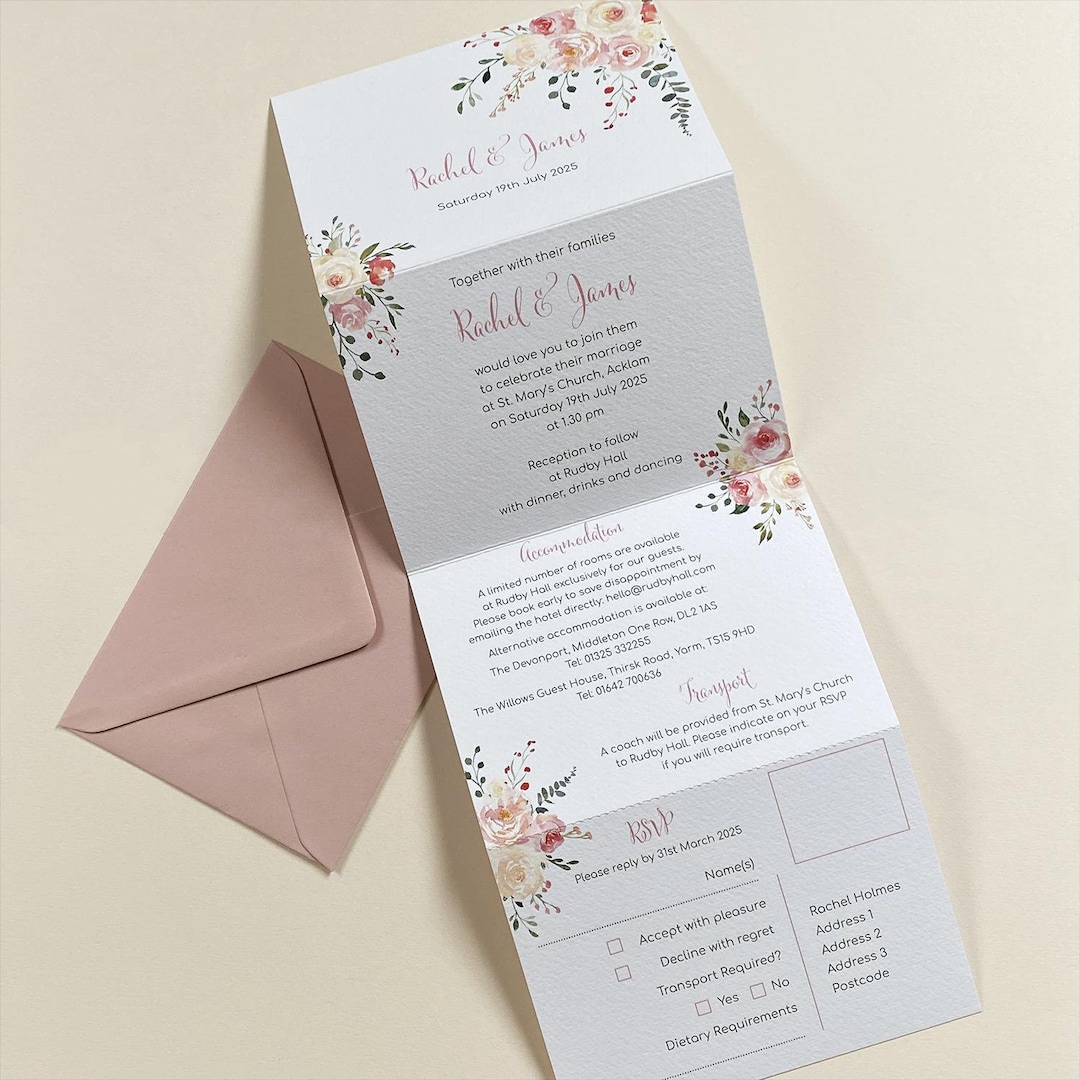 Sample A6 Oonagh Concertina Tri-fold Luxury Wedding Invitation Pink ...
