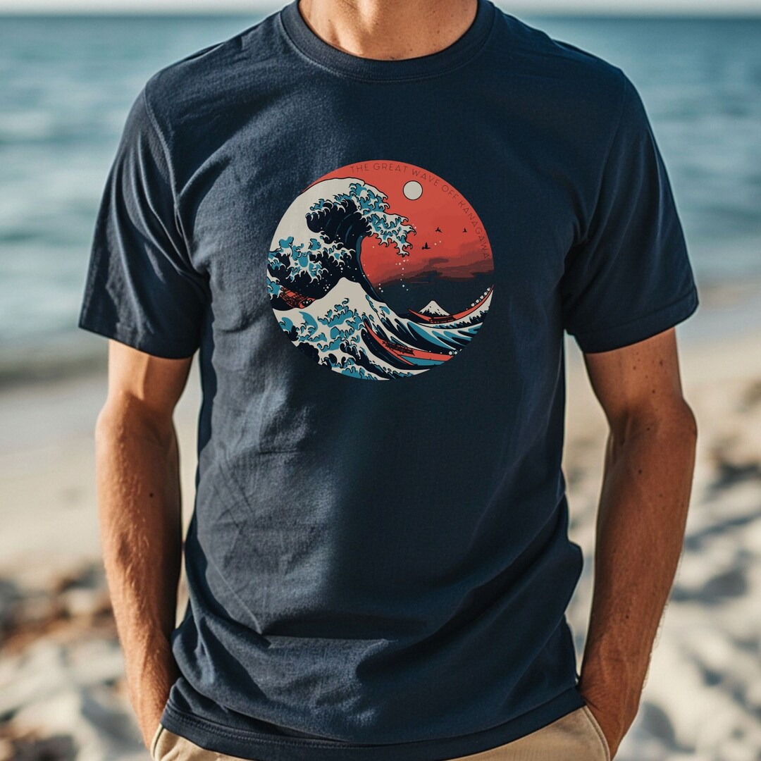 The Great Wave off Kanagawa T Shirt, Navy Blue Surfer Tshirt, Surfing T ...