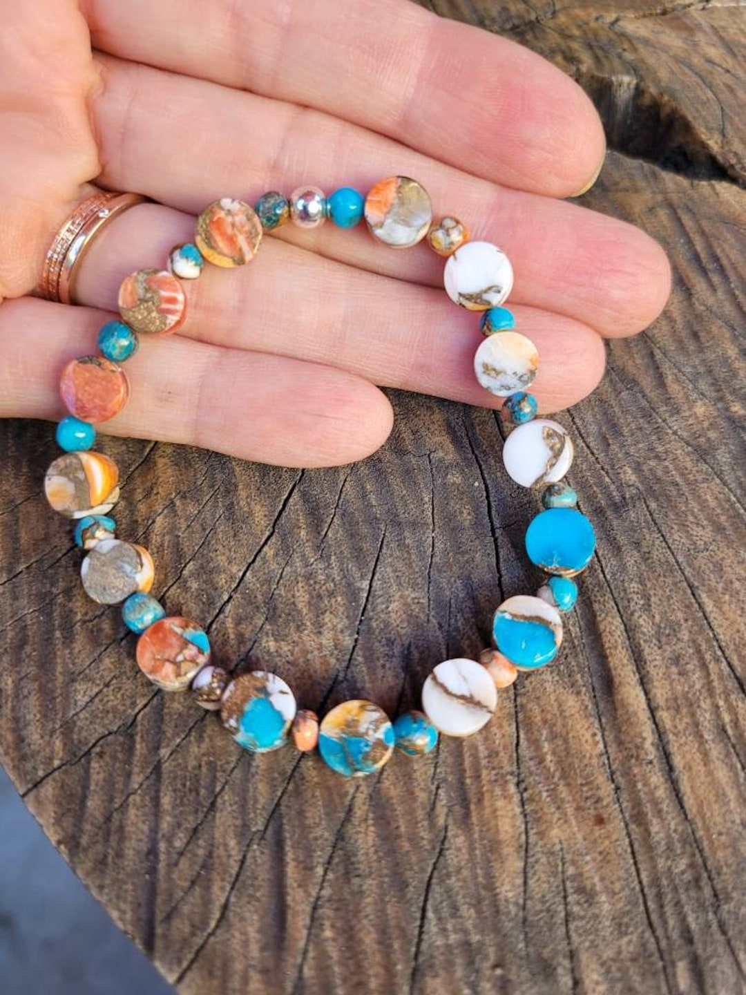 Dainty Spiny Oyster Turquoise Bracelet. Stretchy Bracelet. Slip on ...