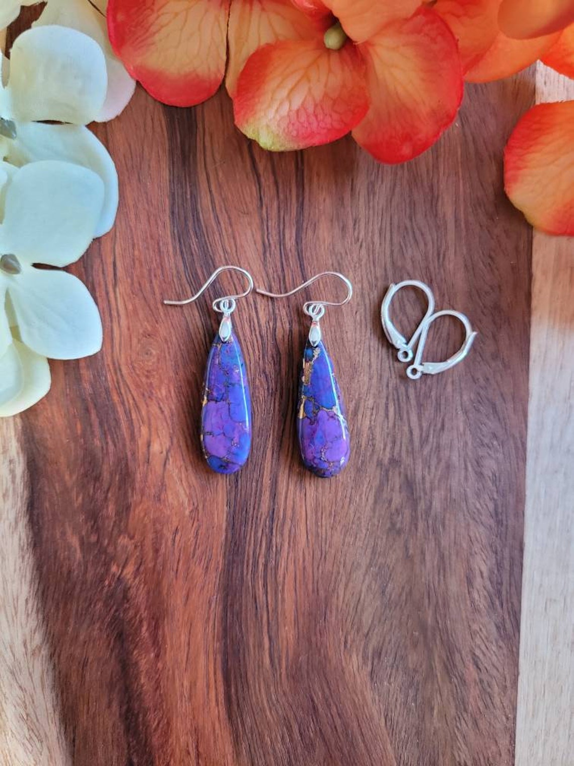 Teardrop Purple Copper Spiny Oyster Earrings. Silver Spiny Oyster ...