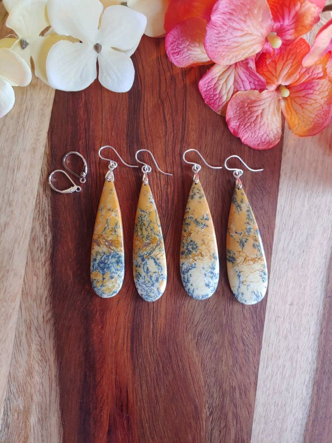 Long Teardrop Yellow Dendrite Opal Earrings. Silver Yellow Dendrite ...