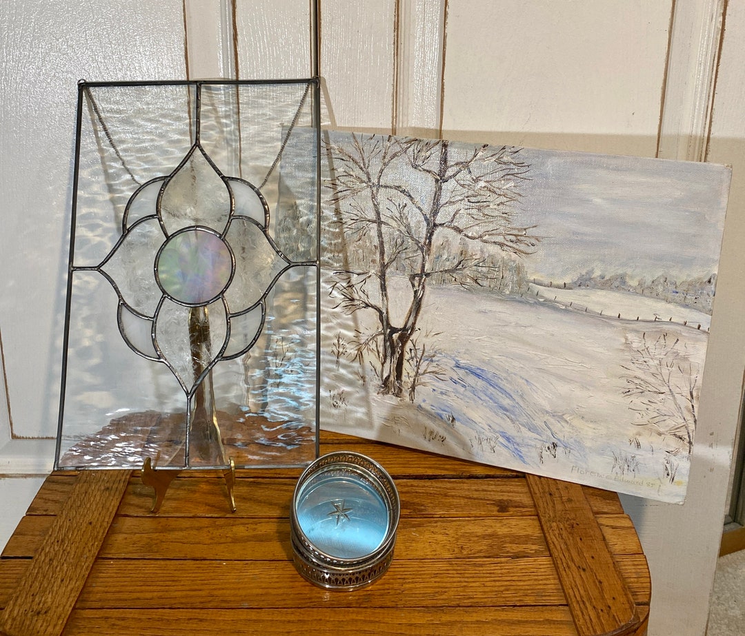 Vintage Stained Glass Hanging, Winter Oil Painting, MCM Silverplate ...