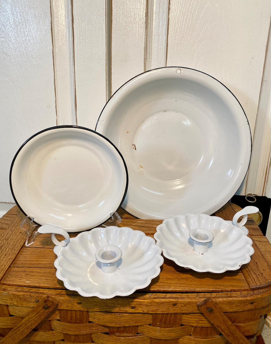 Vintage Enamelware, Enamelware Bowl, Enamelware Candlesticks - Etsy