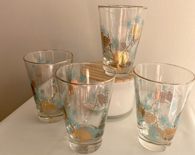 Vintage Glasses, Gold Turquoise Glassware, Glasses With Acorn Design ...