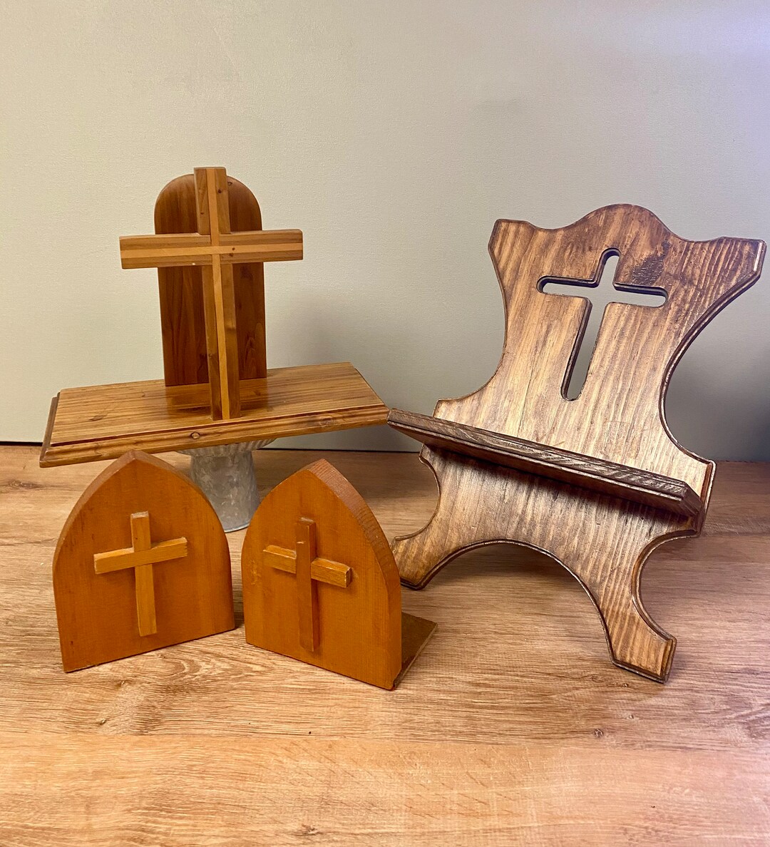 Vintage Religious Decor: Wood Bible Holder & Cross Bookends - Etsy