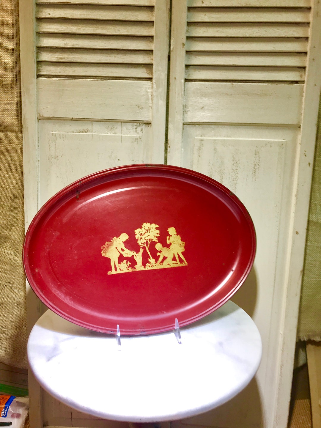 Vintage Red Metal Oval Tray, Children and Bunny Design - Etsy