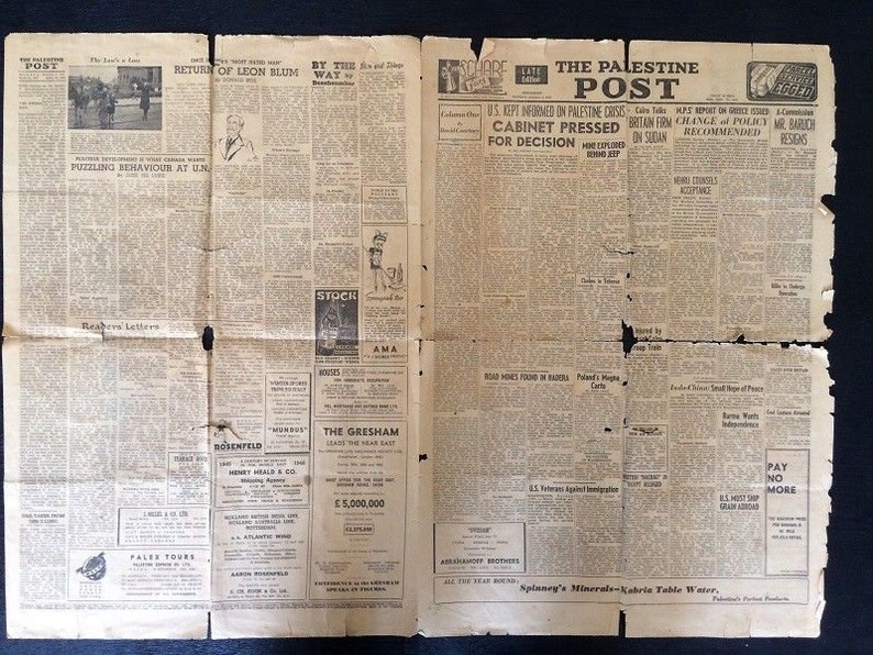 Very Rare Newspaper 1947 palestine Post Israel - Etsy