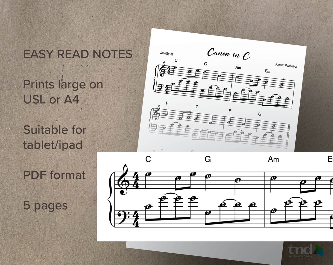 Canon in C (instead of D), Sheetmusic, Easy Read Notes, Tablet/ipad ...