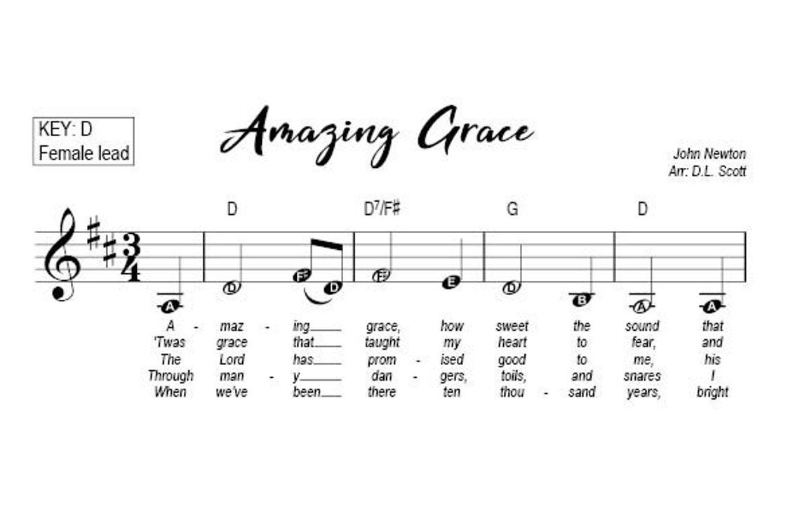 Amazing Grace - 3 Keys: D, F & G, Simple Chord Chart, Large Beginner ...
