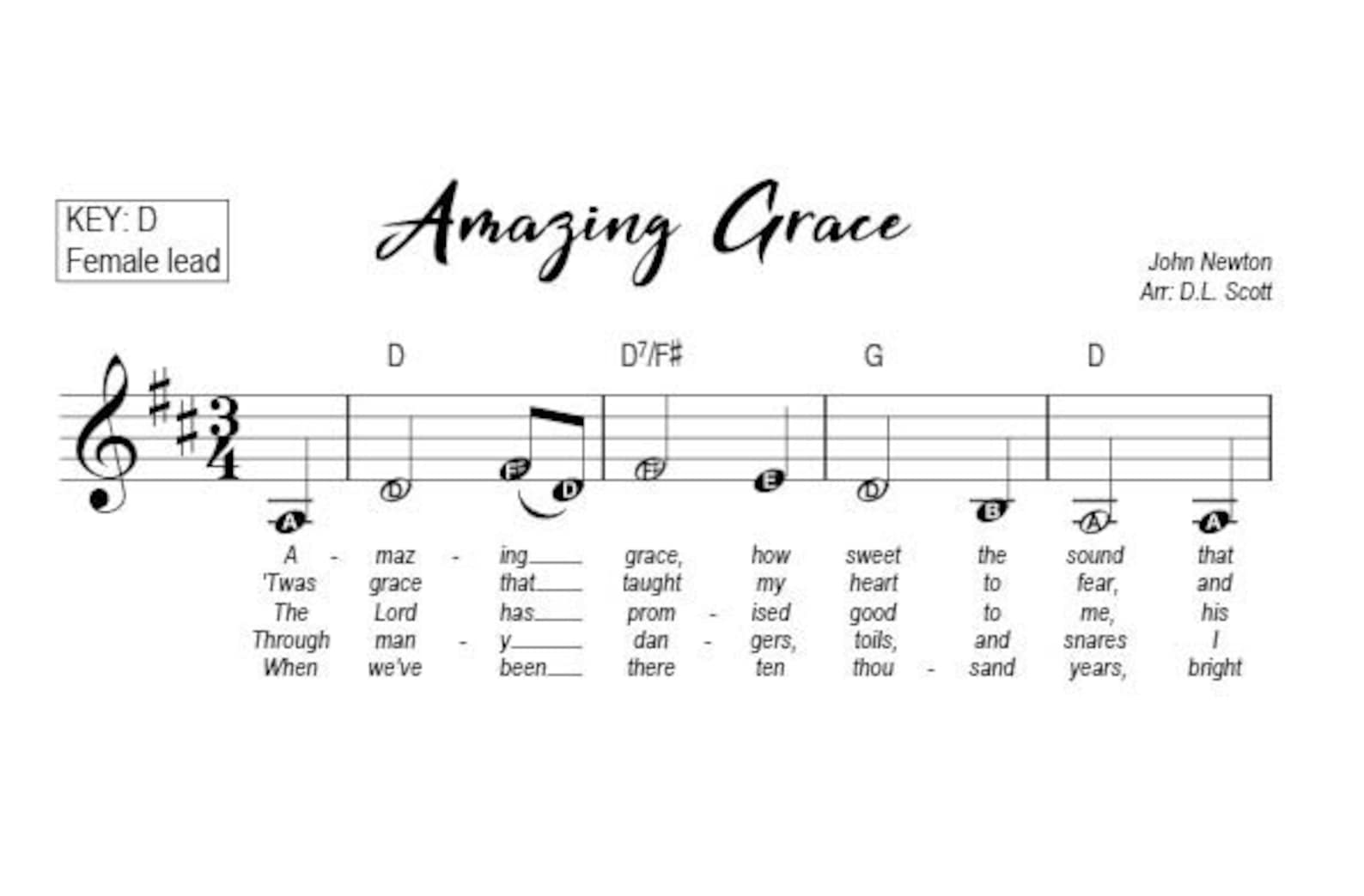 Amazing Grace - 3 Keys: D, F & G, Simple Chord Chart, Large Beginner ...