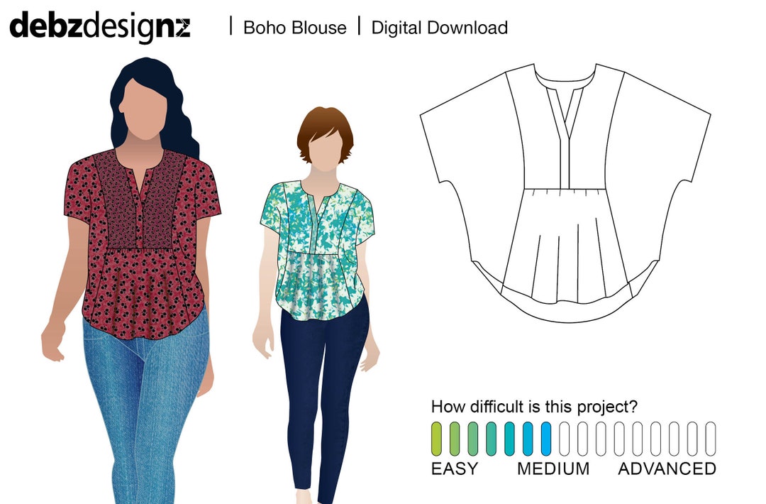 Boho Blouse Pattern - Easy Sewing - Five Sizes in One, Instant Download ...