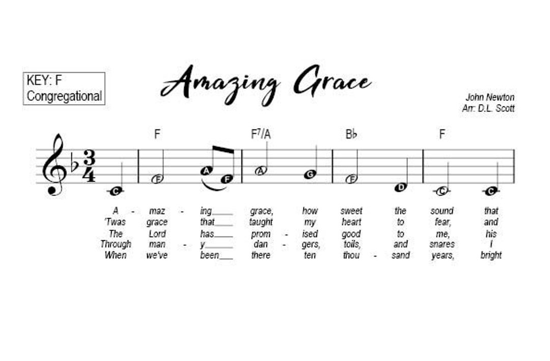 Amazing Grace - 3 Keys: D, F & G, Simple Chord Chart, Large Beginner ...