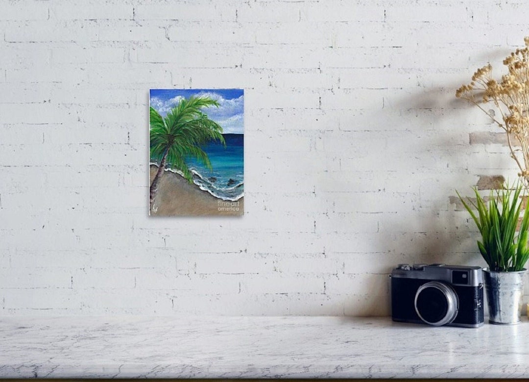 Ocean Waves on a Sandy Beach Art Small Tropical Acrylic Painting Palm ...