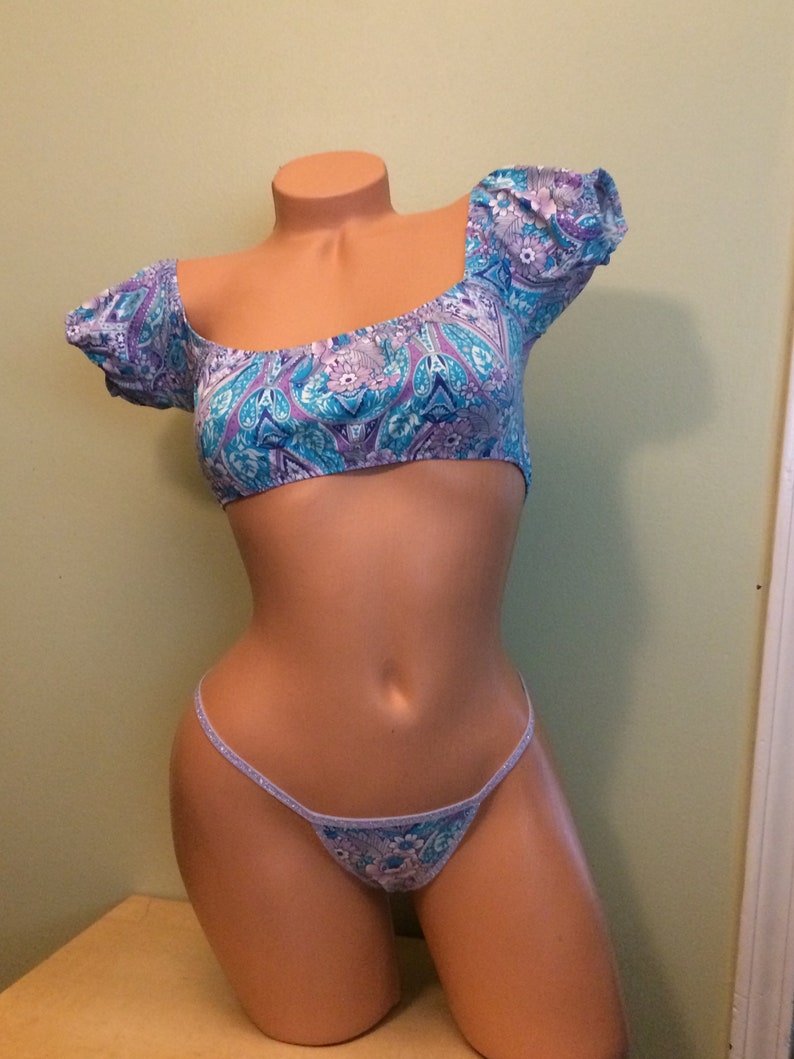 Crop Top Peasant Top Thong Set Blue Purple Floral Pattern Etsy