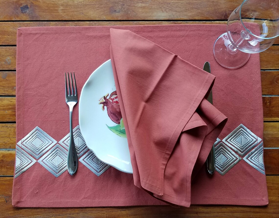Rust Colored Cotton Placemats With Dull Gold Embroidery - Set of 4 - Etsy