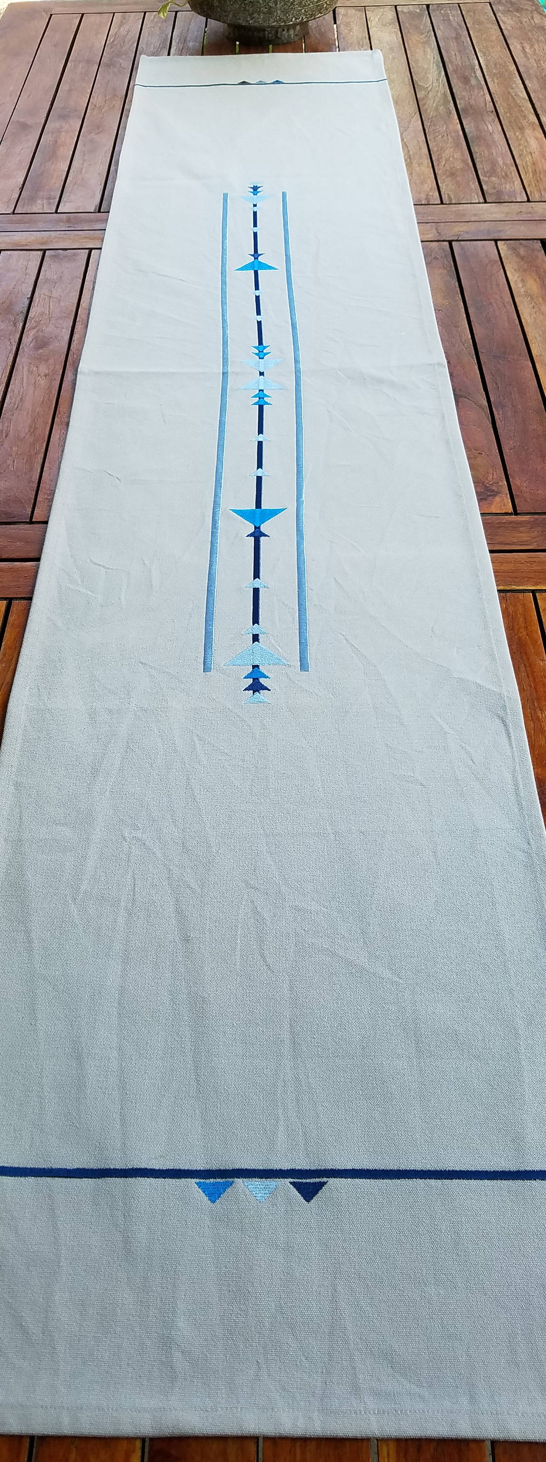Beige Cotton Table Runner Embroidered With Blue Triangles - Etsy