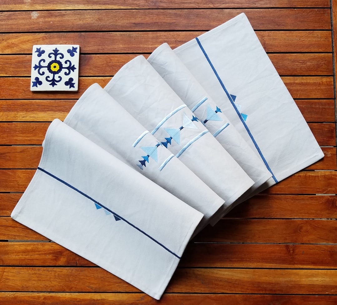 Beige Cotton Table Runner Embroidered With Blue Triangles - Etsy
