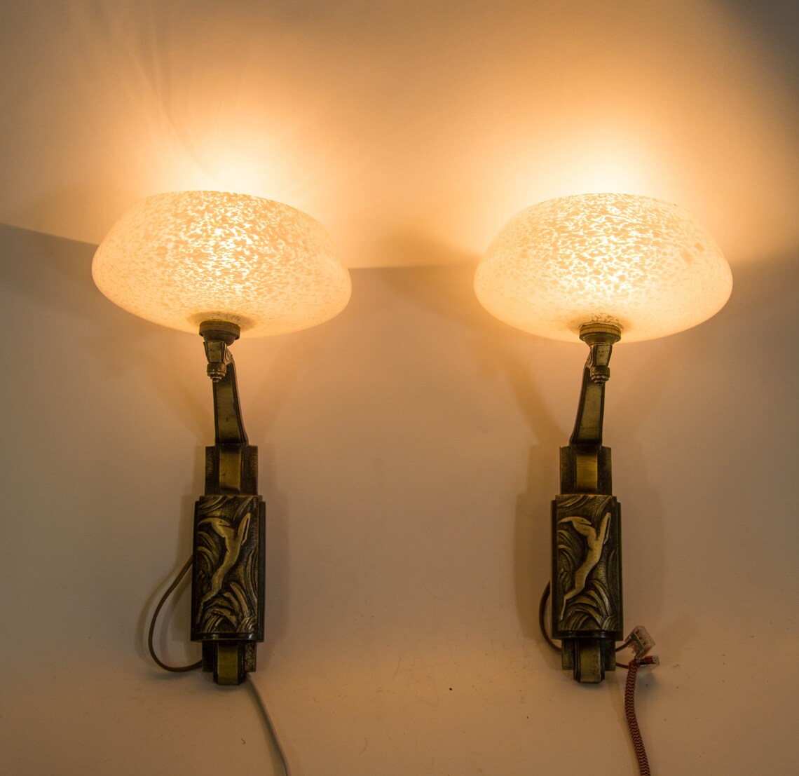 Art Deco Wall Lamps | Bronze Applique | Clouded Glass | Set of 2 | - Etsy