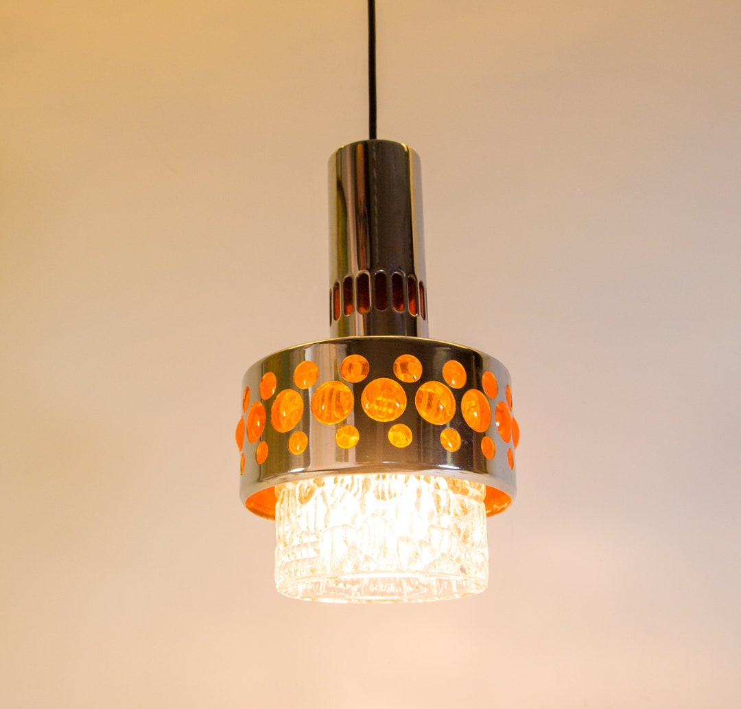 Funky Pendant Lamp Orange, Chrome and Crystal Glass Vintage 70's - Etsy