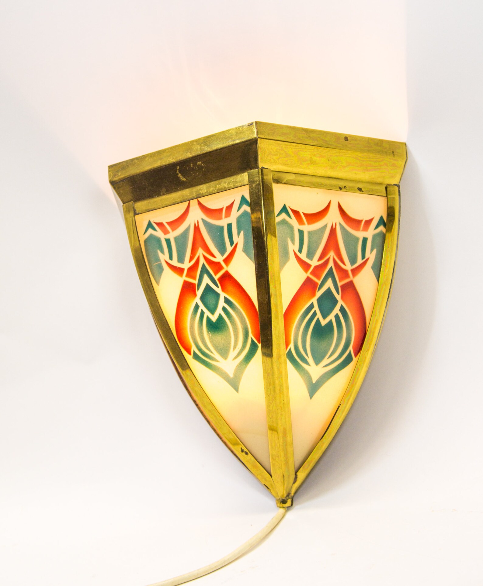 Art Deco Wall Sconce | Curved Stained Glass | Brass Applique | Amsterdam School | Vintage 30's ...