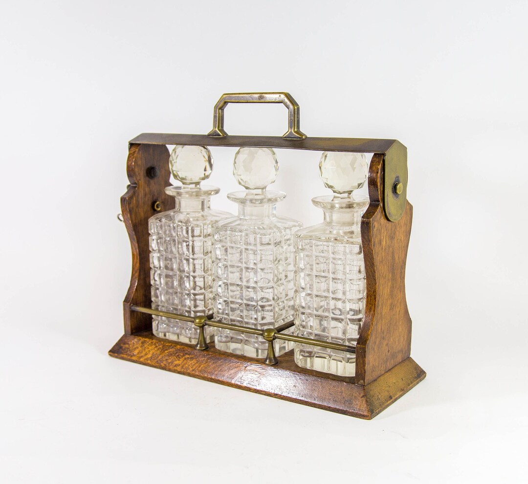 Antique Tantalus Cabinet | 3 Crystal Decanters | Working Lock | Late ...