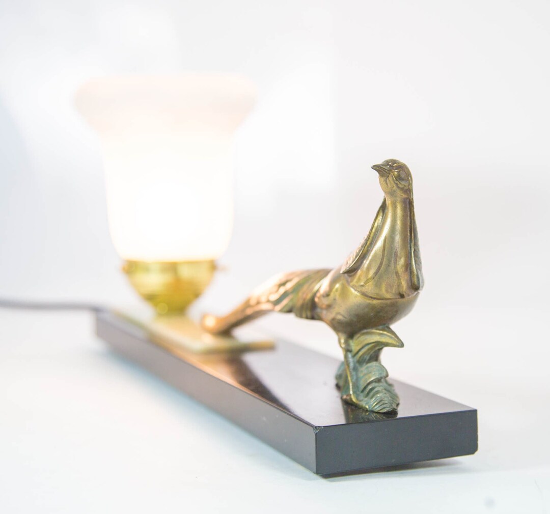 Art Deco Table Lamp | Pheasant | Frosted Glass | Black Marble Base - Etsy