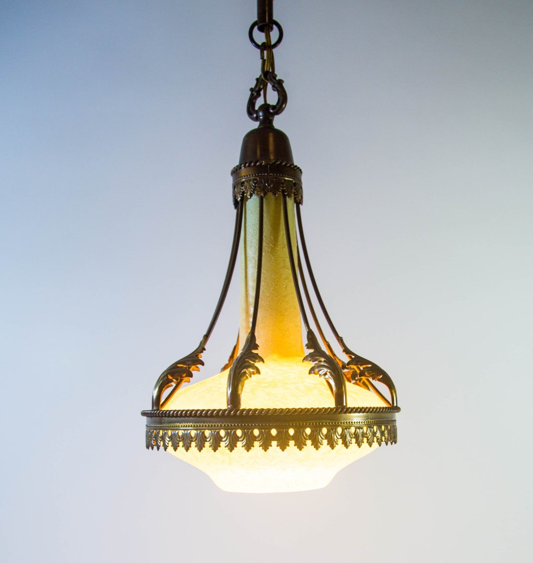 Antique Pendant Lamp | Victorian Style | Yellow Textured Glass - Etsy