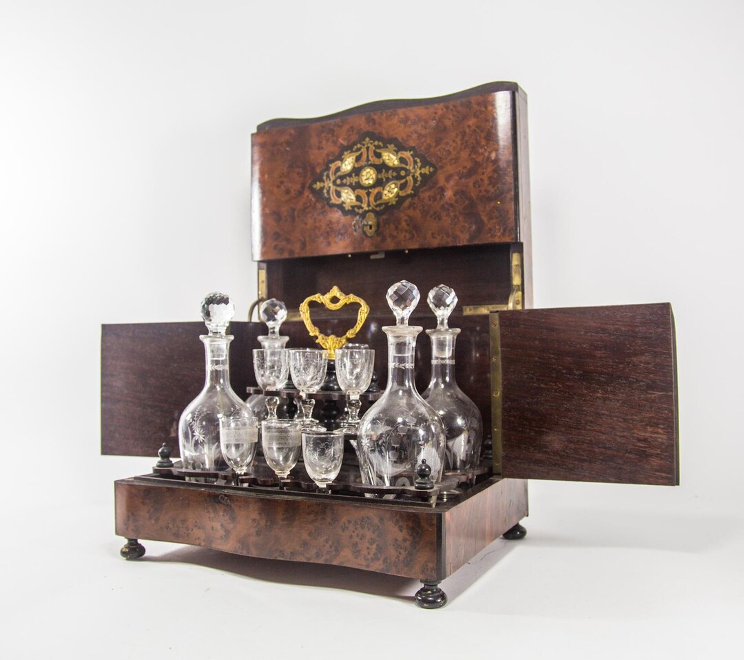 Antique Liquor Cabinet Tantalus Box Original Glassware Included ...