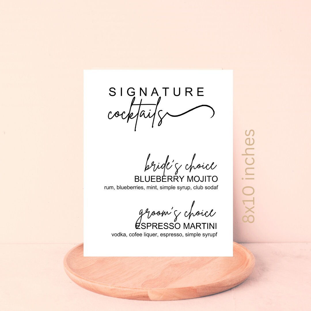 Minimalist Bar Menu Template, Wedding Drink Menu Sign Printable ...